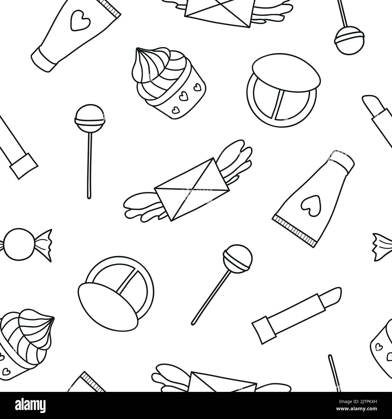 Black and white seamless pattern with doodle outline girly items Stock ...