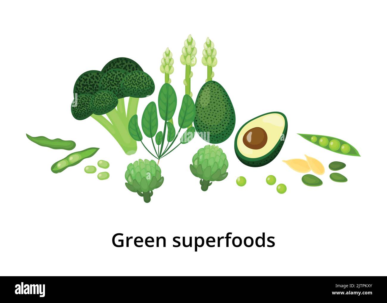 Composition of green superfoods in cartoon style isolated on white ...