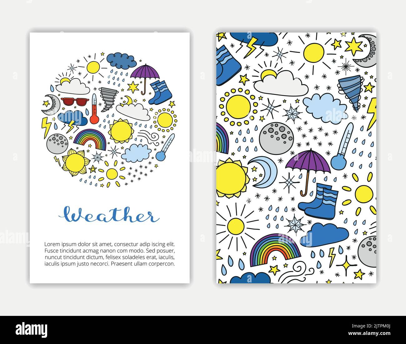 Card templates with doodle colorful weather items. Used clipping mask ...
