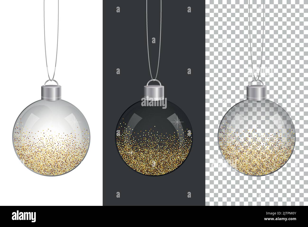 Set of glass transparent Christmas balls or baubles with golden glitter ...