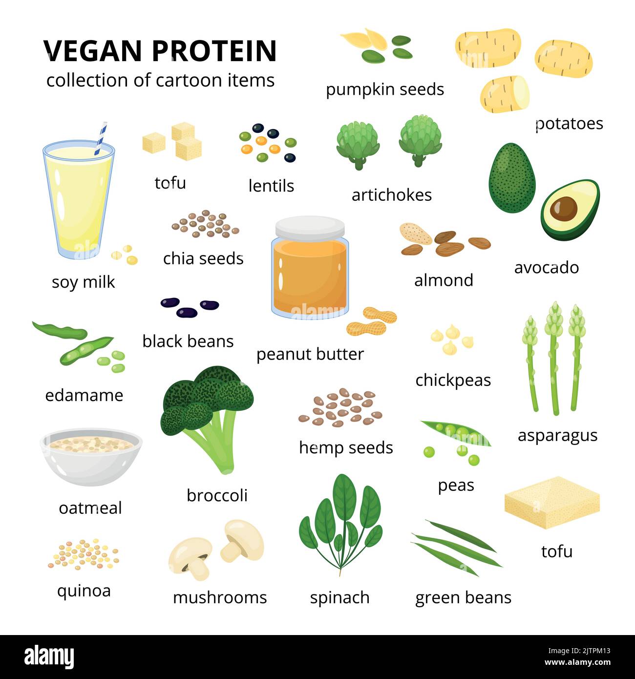 Set of vegan protein sources in cartoon style isolated on white ...