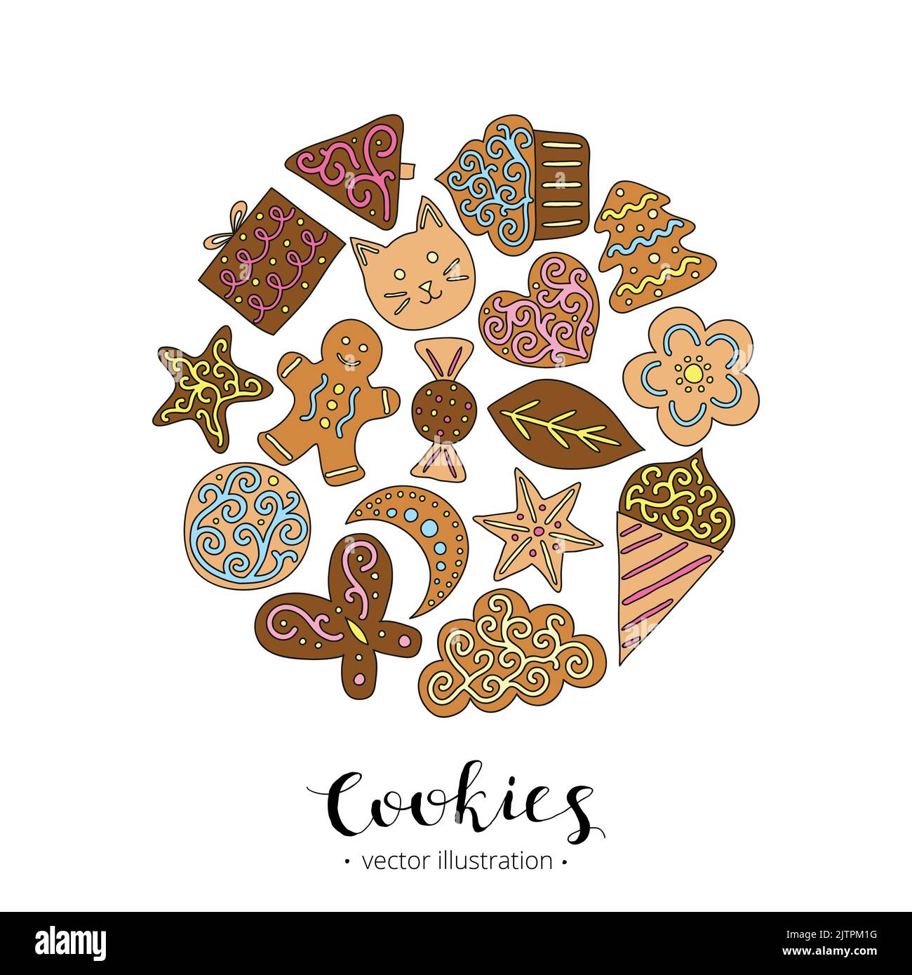 Hand drawn cute colorful cookies with icing composed in circle shape ...