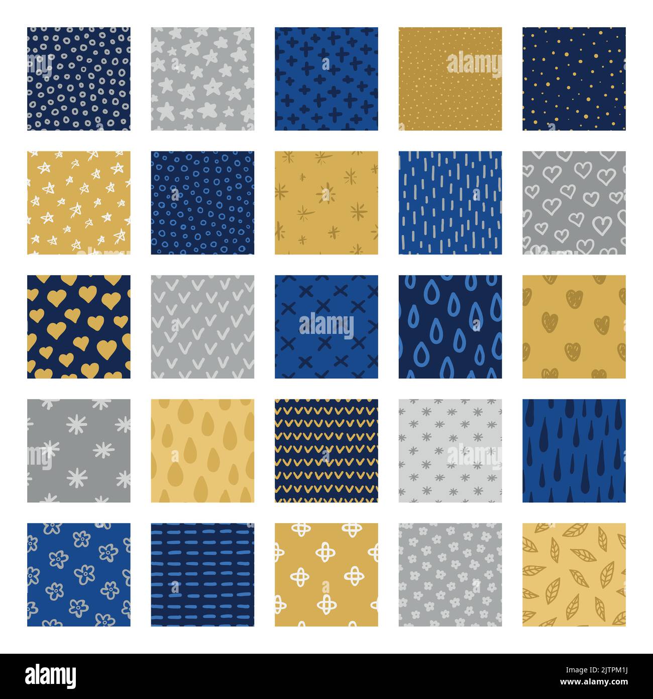 Big set of hand drawn blue, golden and silver seamless patterns with ...