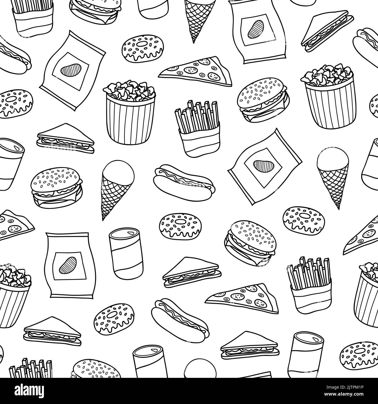 Black and white seamless pattern with outline hand drawn fast food meals Stock Vector Image ...