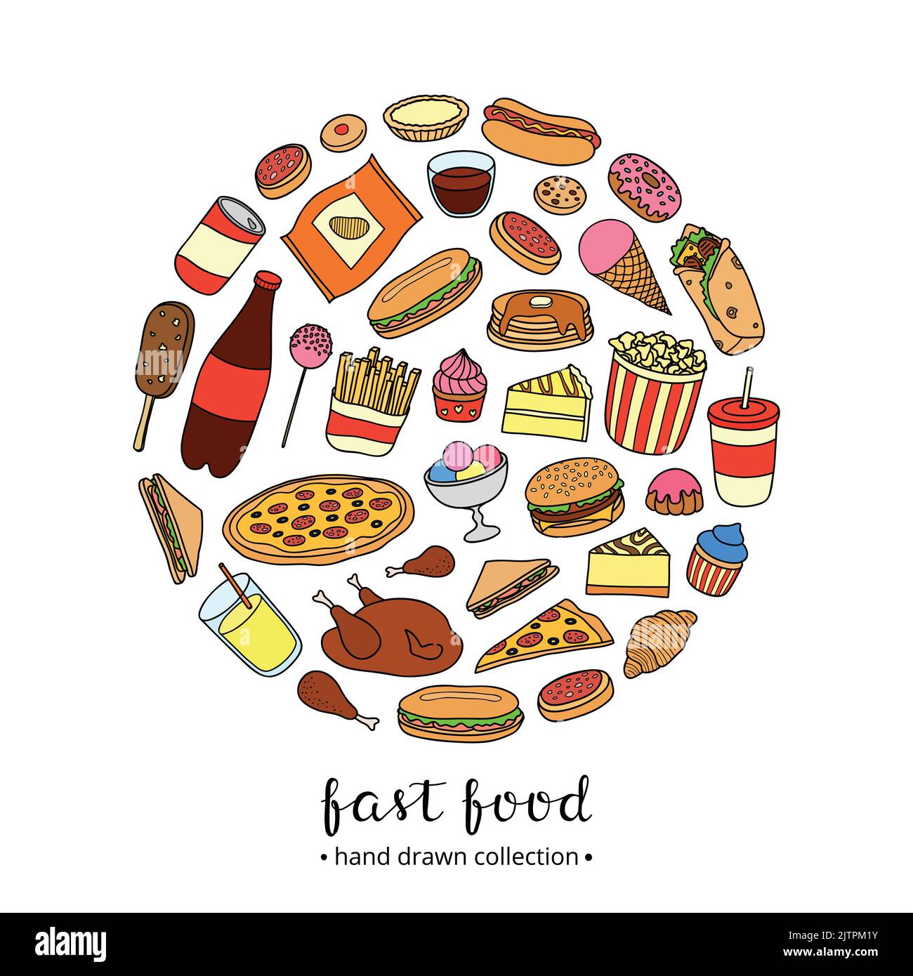Hand drawn fast food meals composed in circle shape with lettering ...