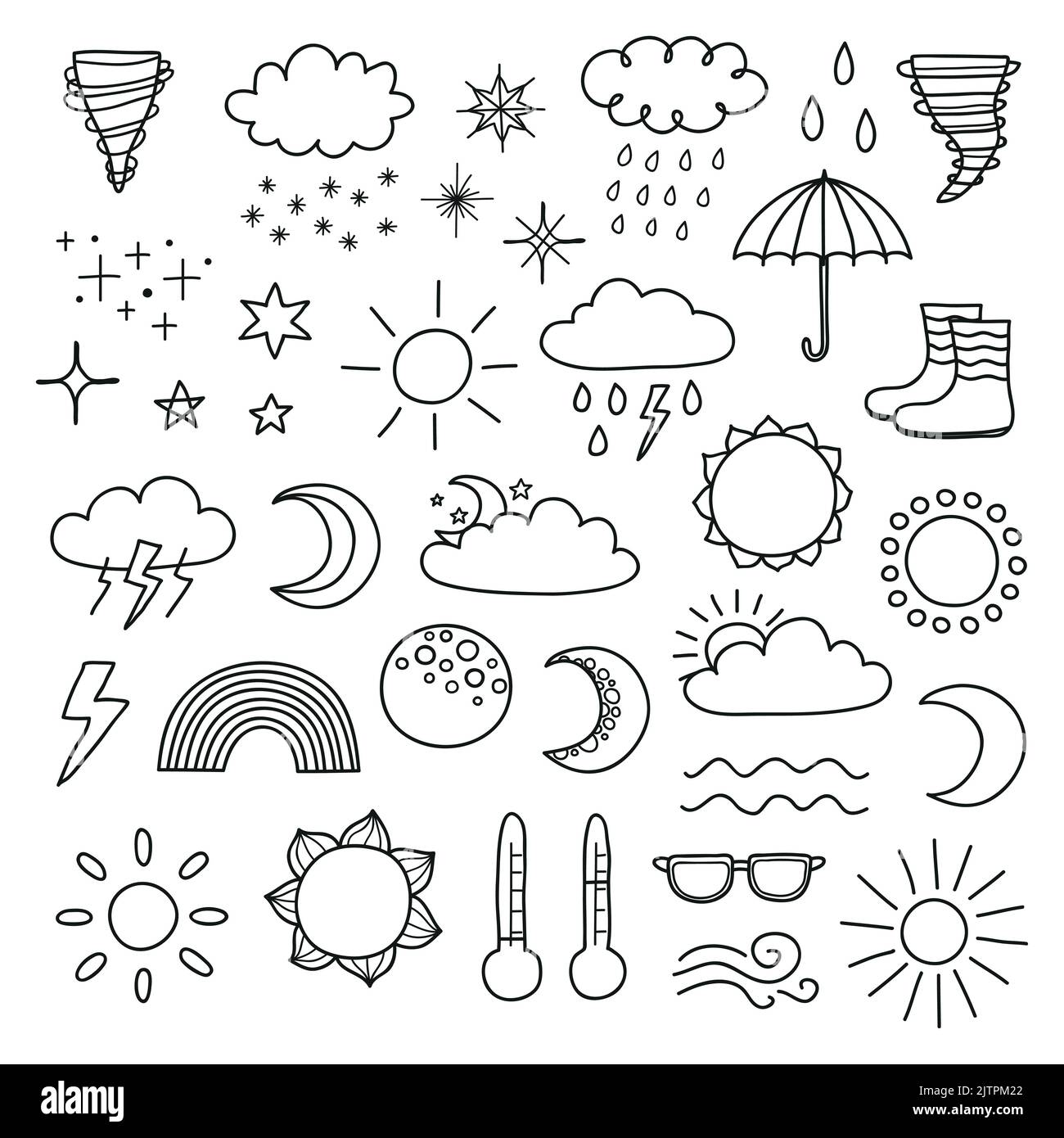 Collection of doodle outline weather icons including sun, clouds, rain ...