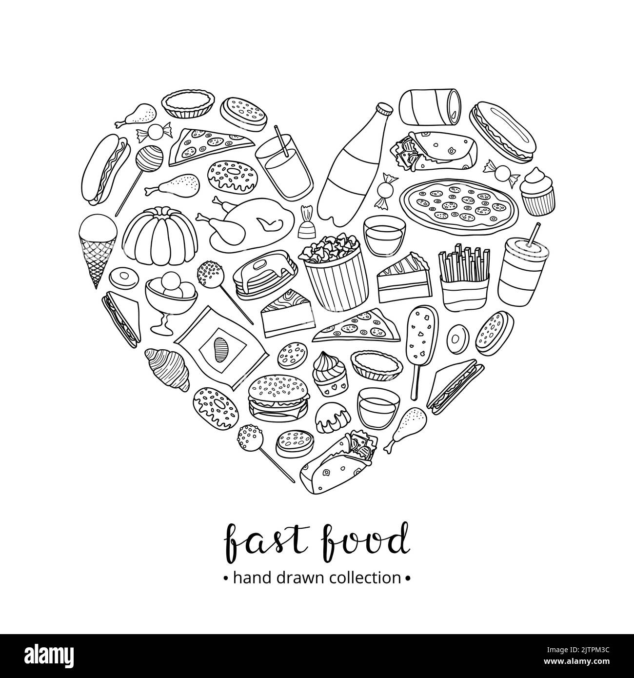 Hand drawn outline fast food meals composed in heart shape with ...