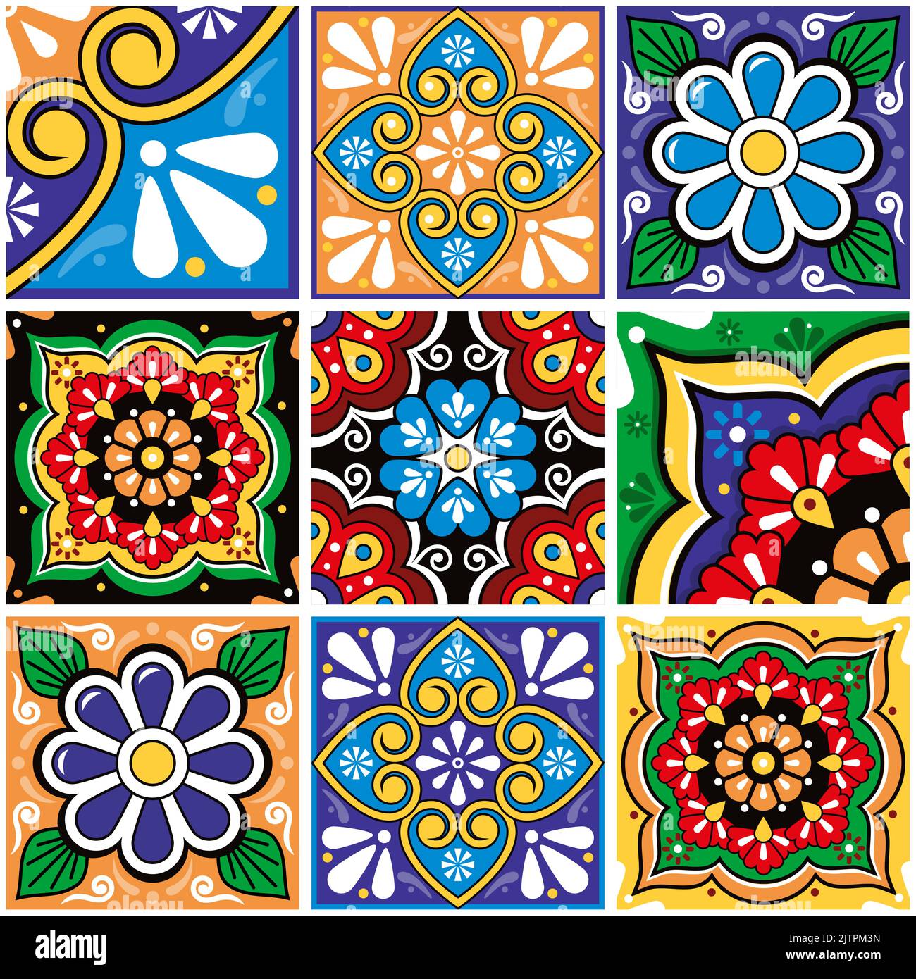Colroful Mexican seamless tile vector pattern big set with flowers, leaves and geometric shapes ...