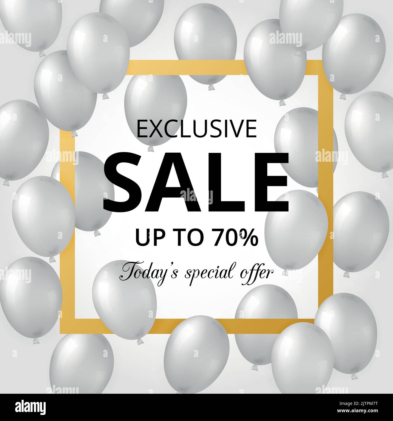 White background with realistic silver helium balloons, golden square ...