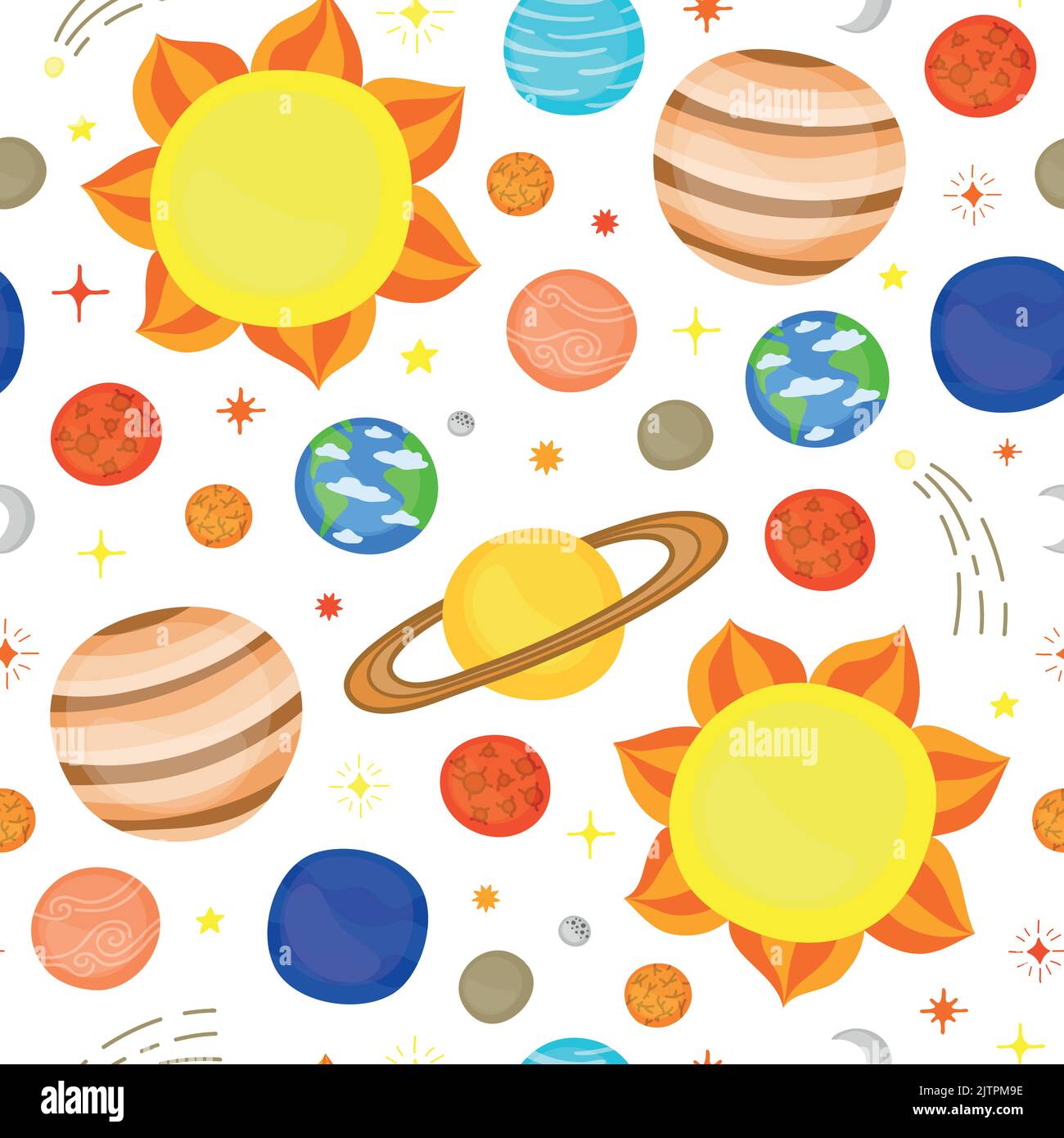 Cute seamless pattern with cartoon planets of the Solar system Stock ...