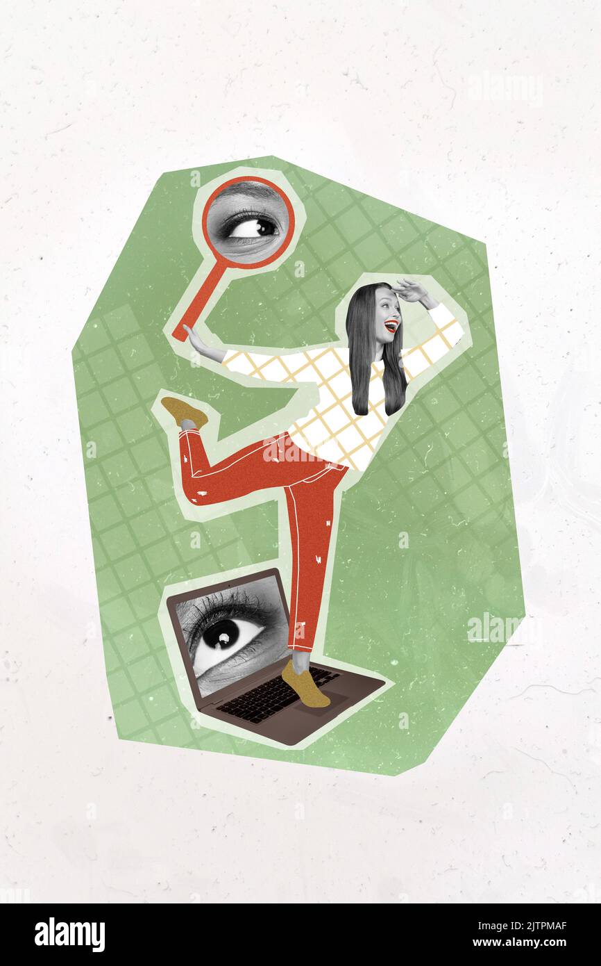 Composite collage image of curious young girl hold big loupe magnifier ...