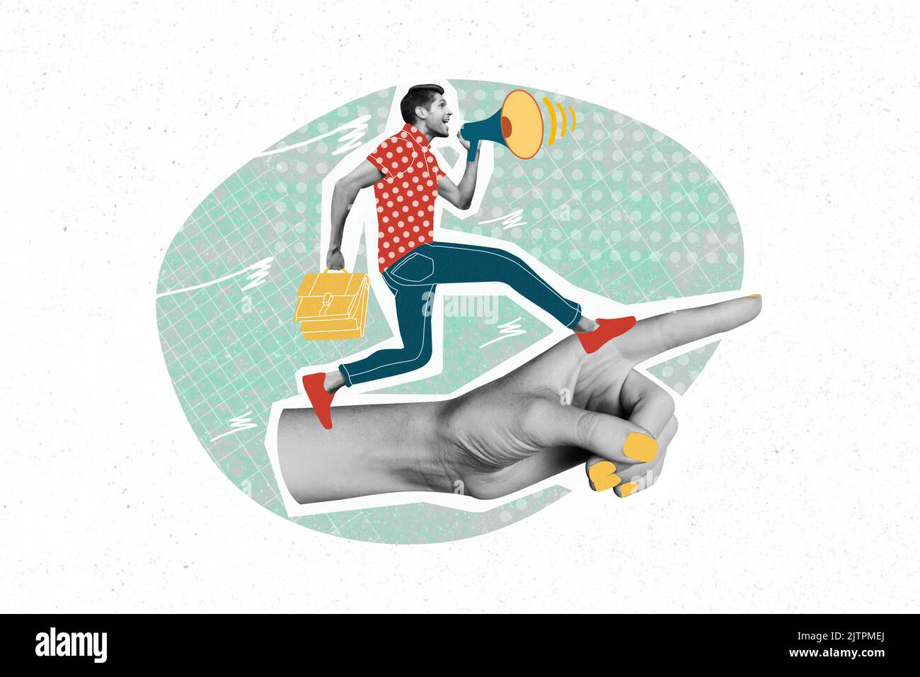 Composite collage image of man running big hand finger point direction ...