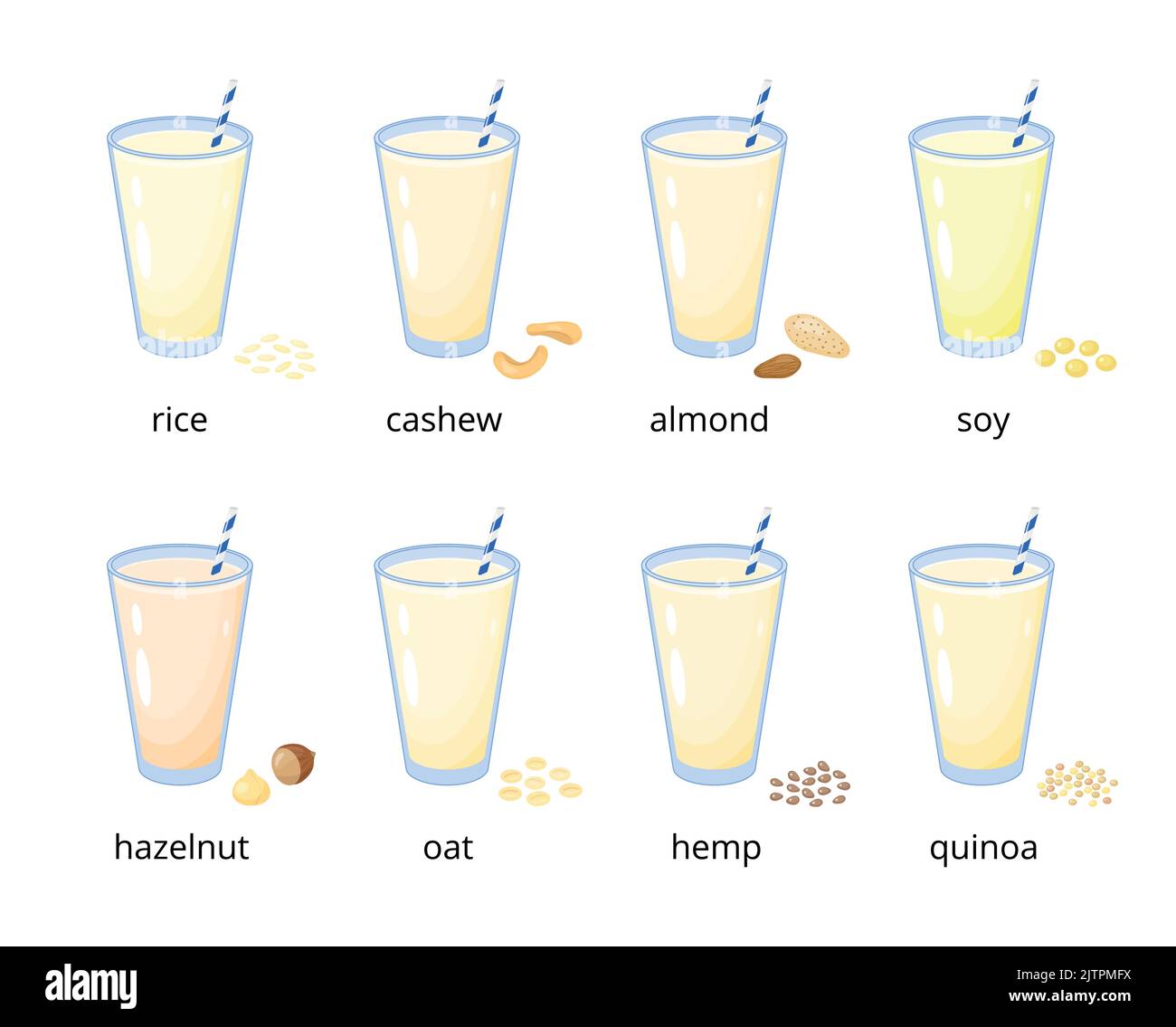 Set of cartoon vegan milk without lactose including rice, cashew ...