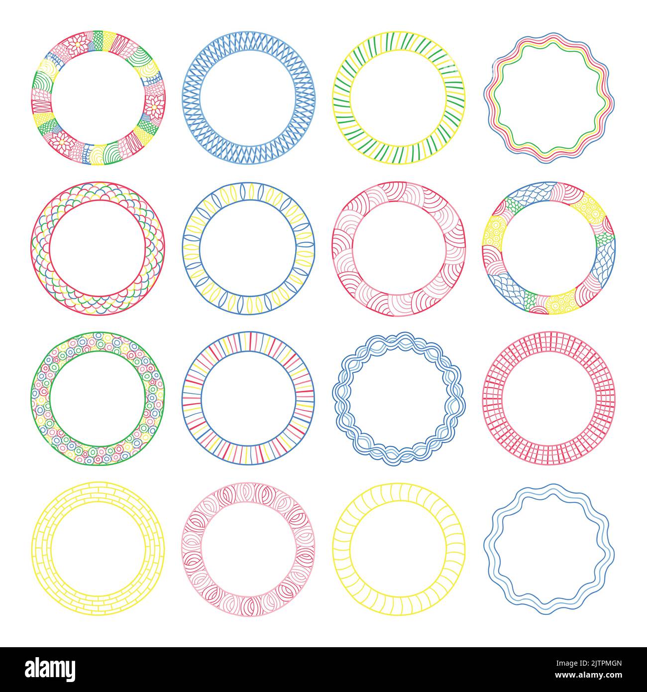 Big collection of multicolored doodle round wreaths isolated on white ...