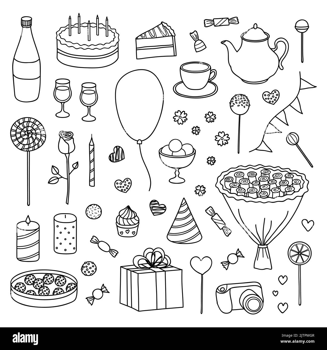 Hand drawn collection of outline items for birthday, wedding and ...