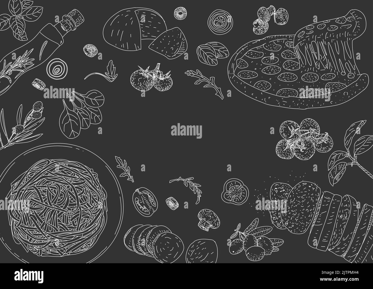 Italian cuisine top view frame. Engraved image. Italian cuisine frame ...