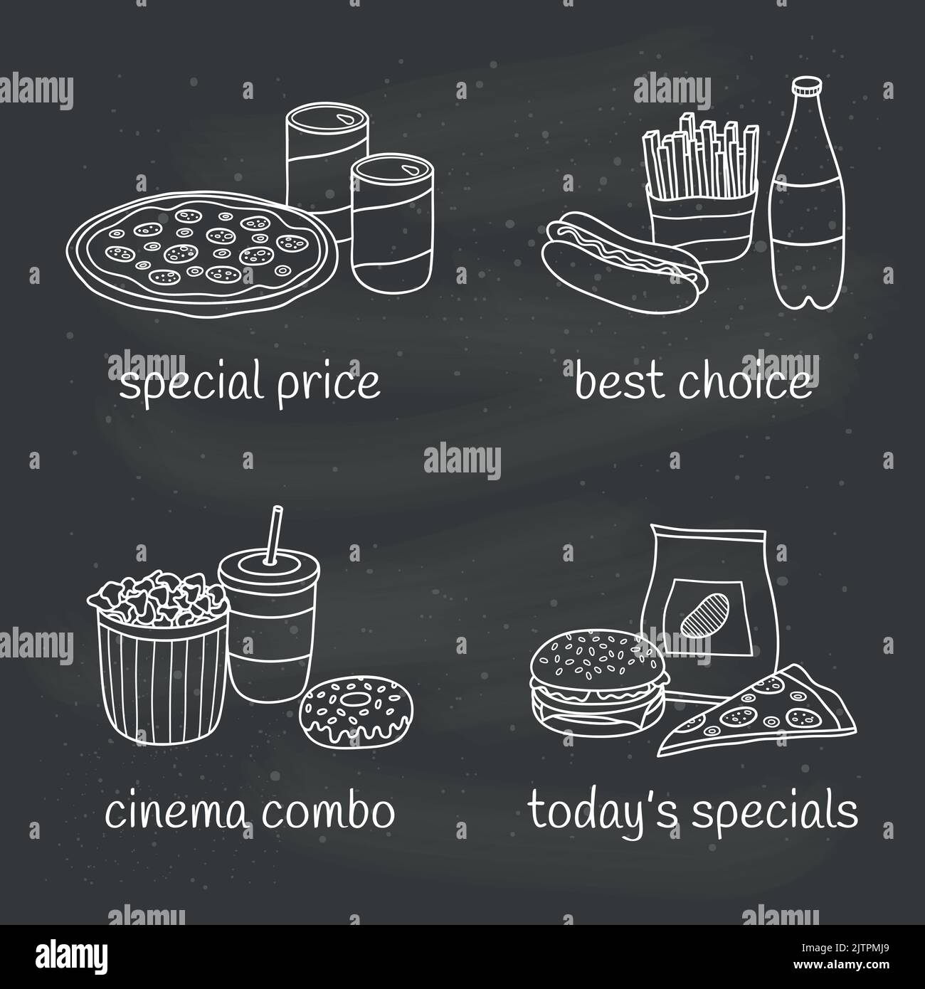 Different groups of fast food meals isolated on white background ...