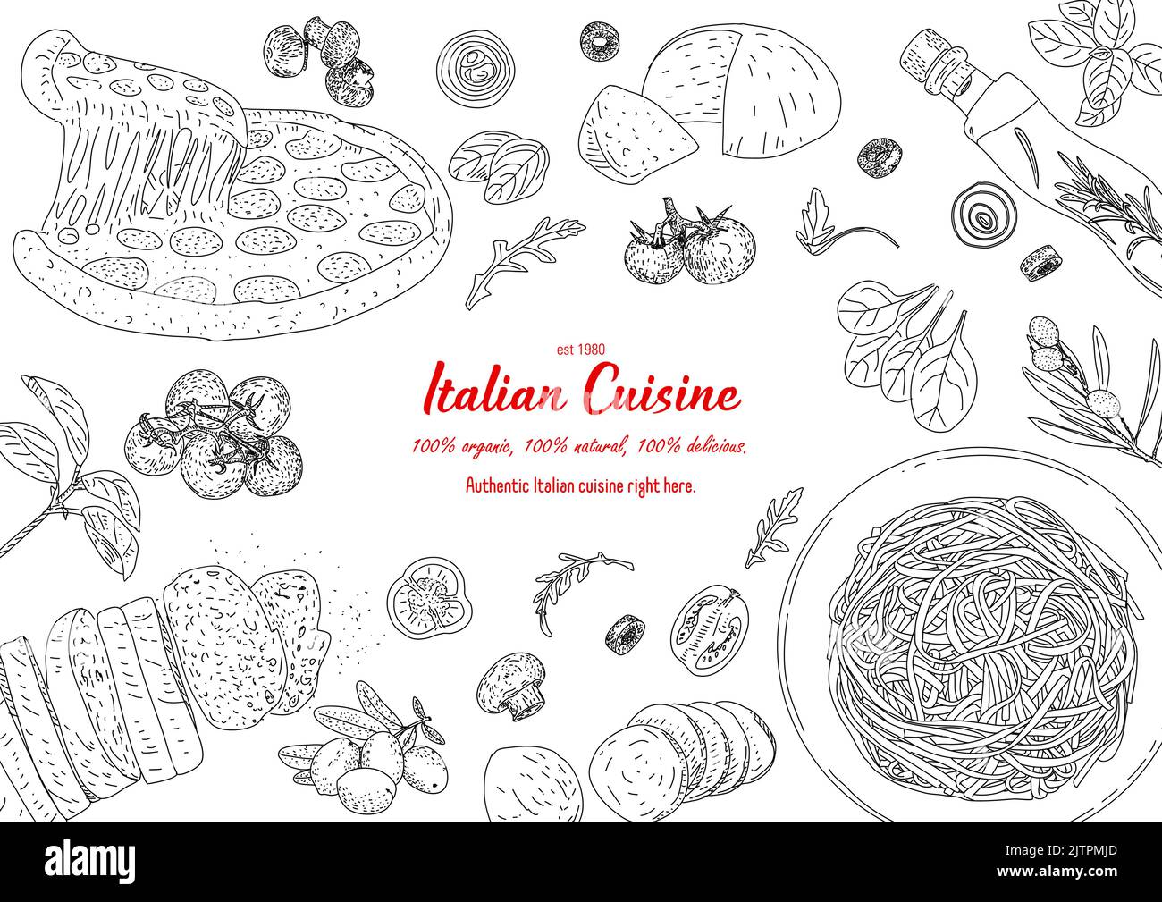 Italian cuisine top view frame. Engraved image. Italian cuisine frame ...