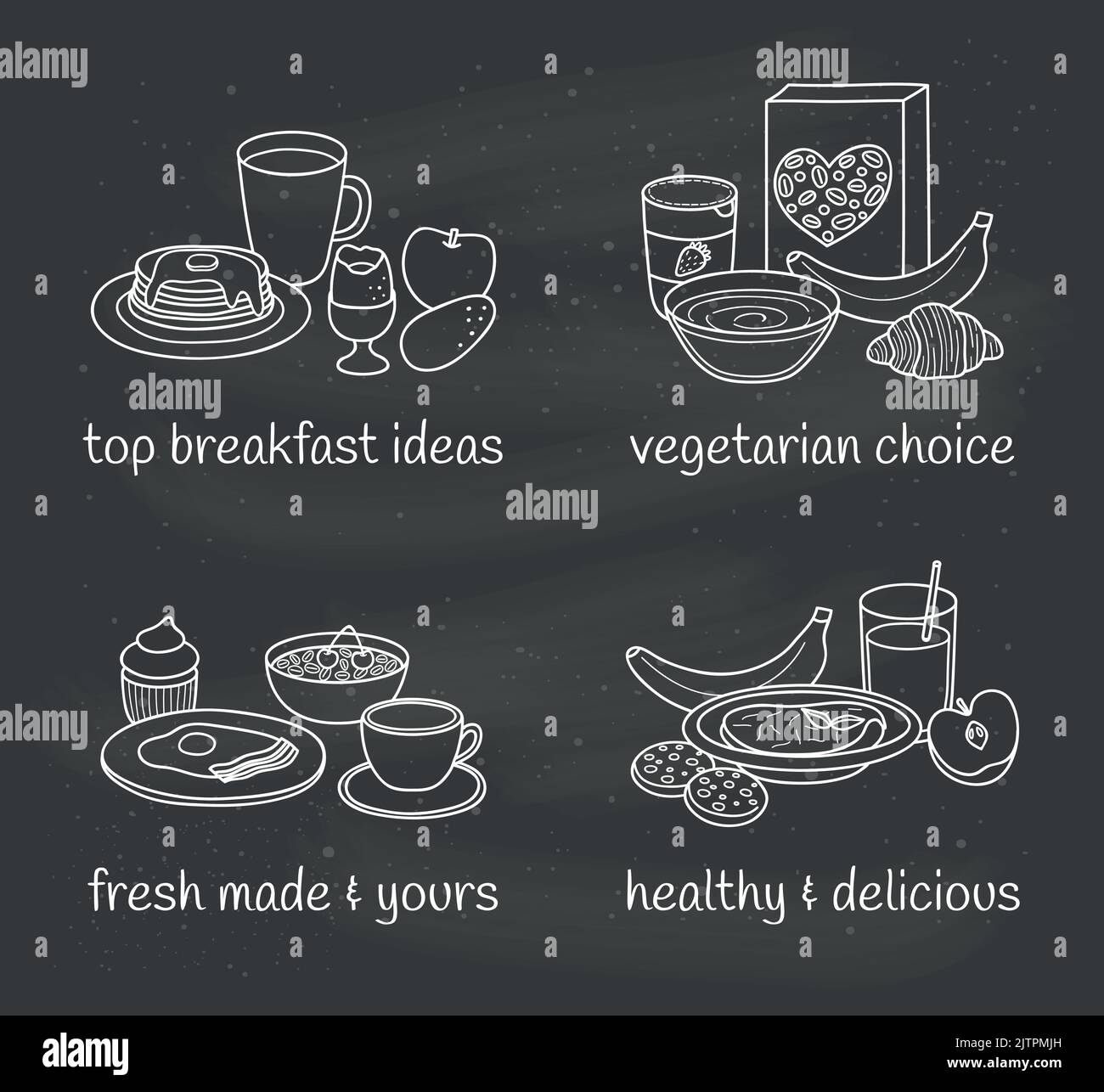 Different variations of breakfast isolated on the blackboard. Vector ...
