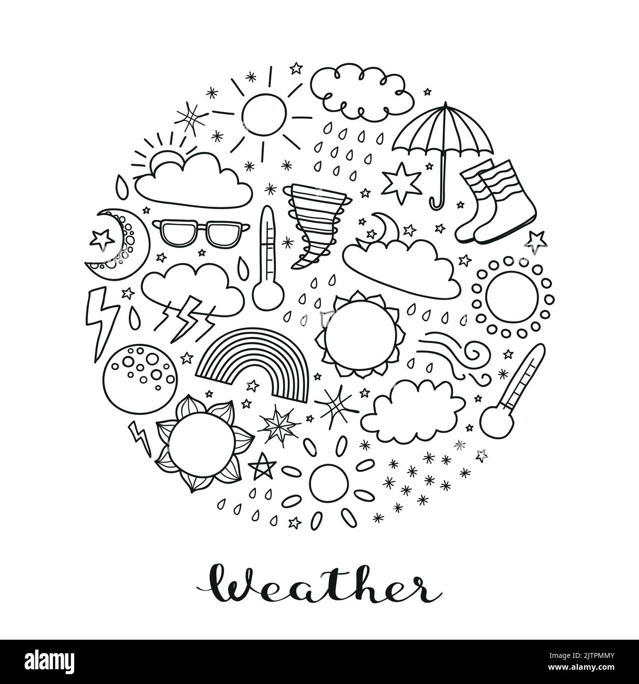 Doodle outline weather icons including sun, clouds, rain drops ...