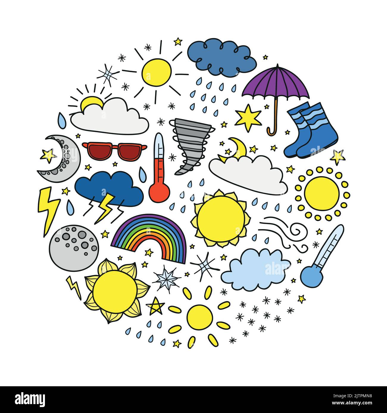 Doodle weather icons including sun, clouds, rain drops, snowflakes ...
