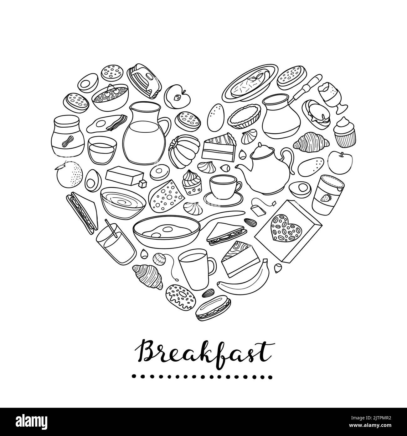 Hand drawn outline buffet style breakfast dishes including eggs ...