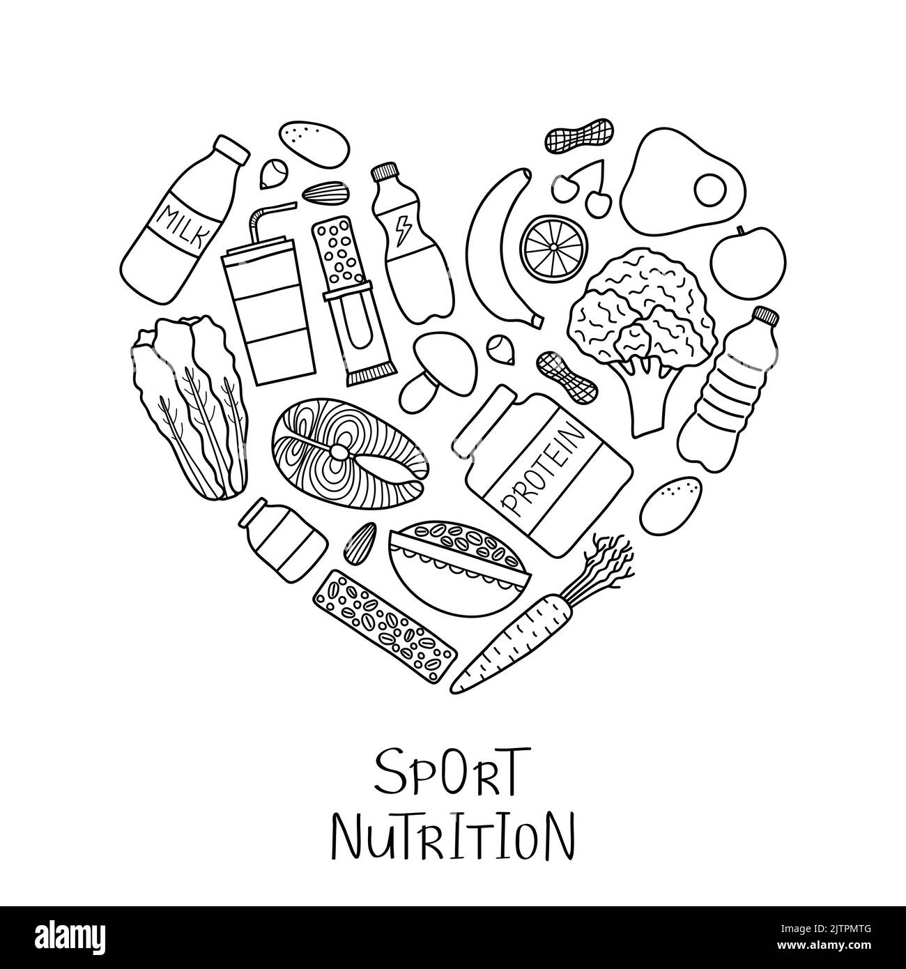 Hand drawn outline sport nutrition items including protein, fruits ...