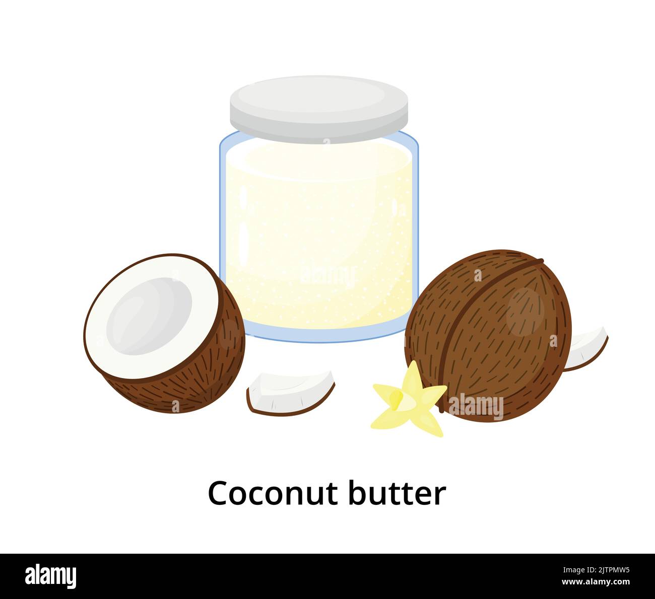Cartoon coconut butter in glass with ripe cocos isolated on white ...