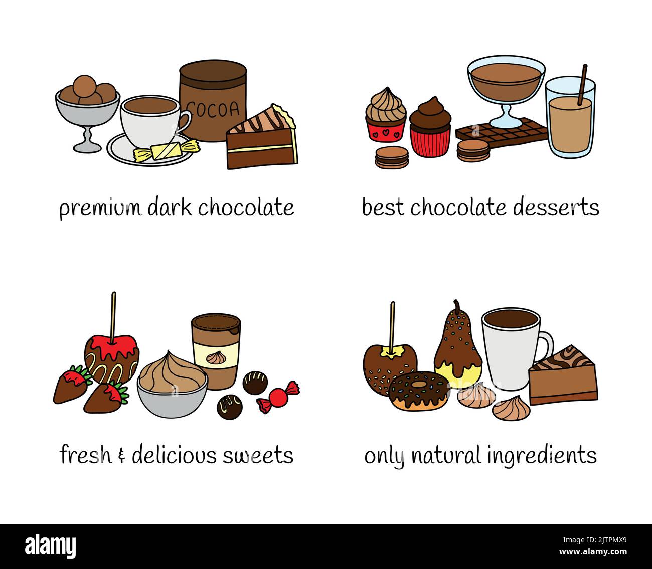 Different groups of chocolate desserts and sweets isolated on white ...