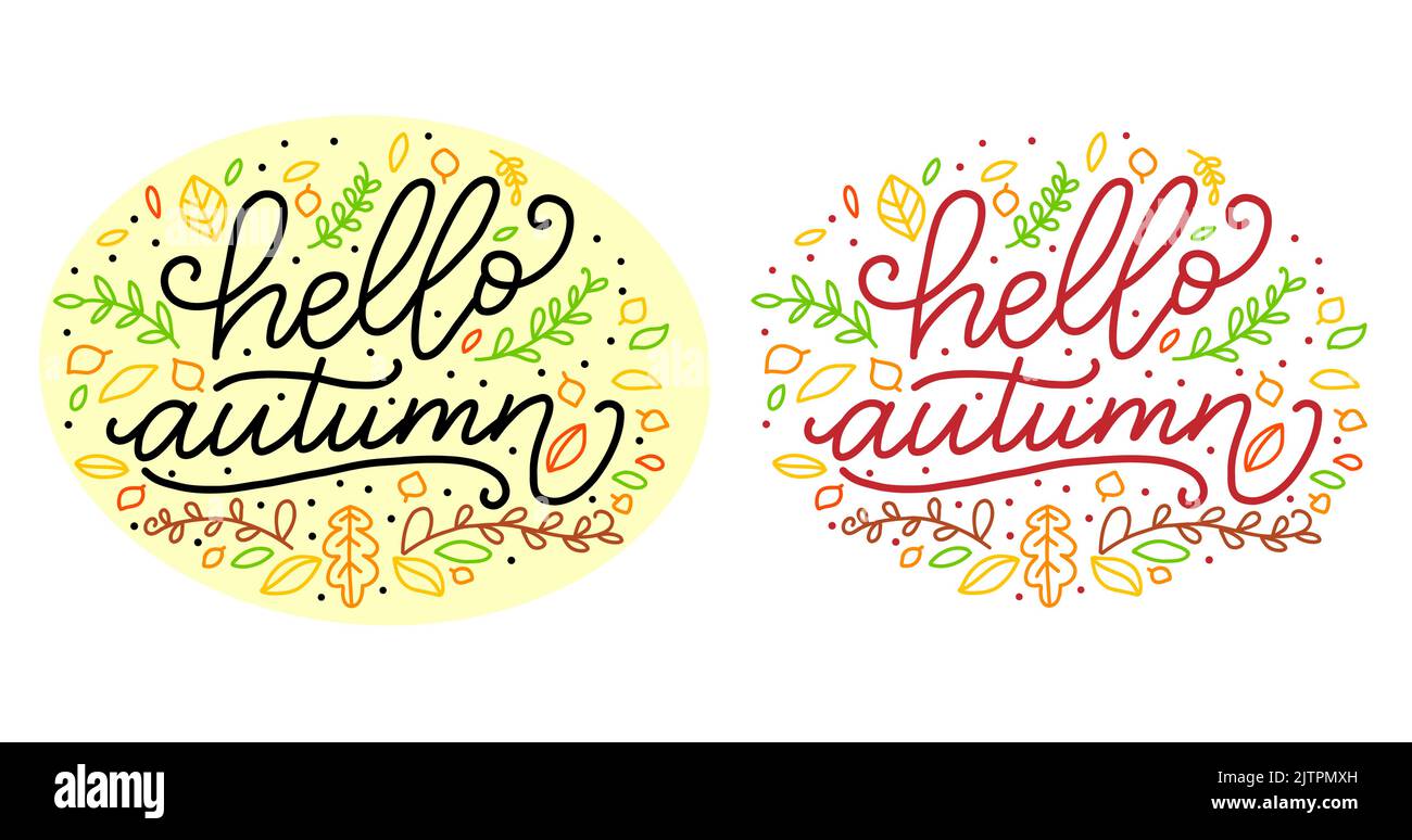 Hello autumn lettering phrase with doodle leaves. Autumn concept color ...
