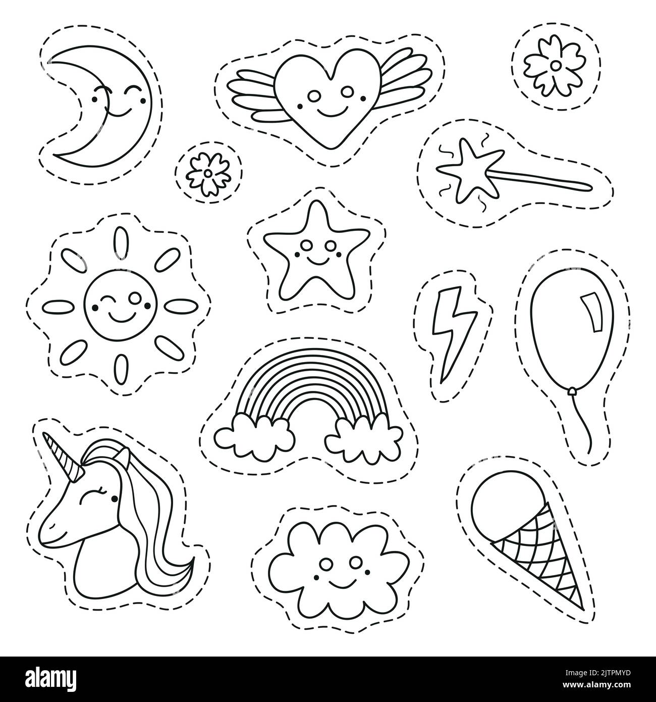 Cute collection of doodle uncolored girly magic pop art patches ...