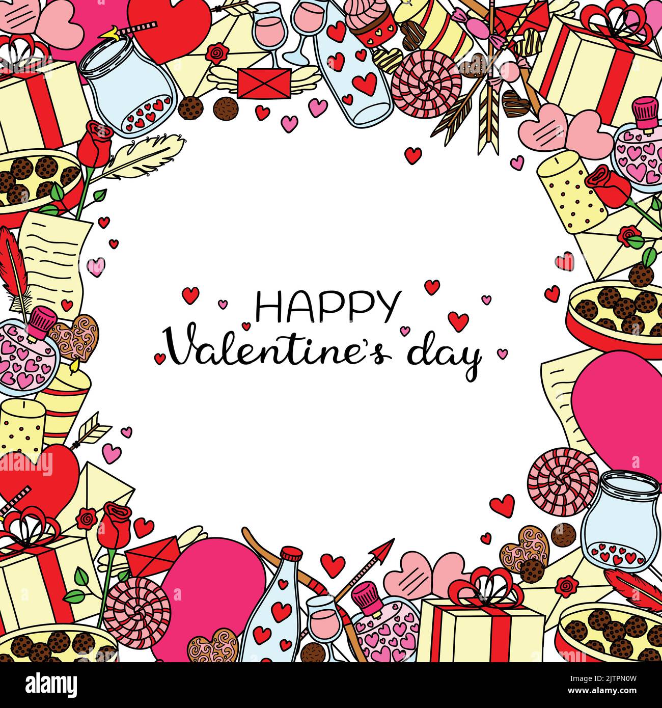 Square background with different colored doodle items for Valentine s ...