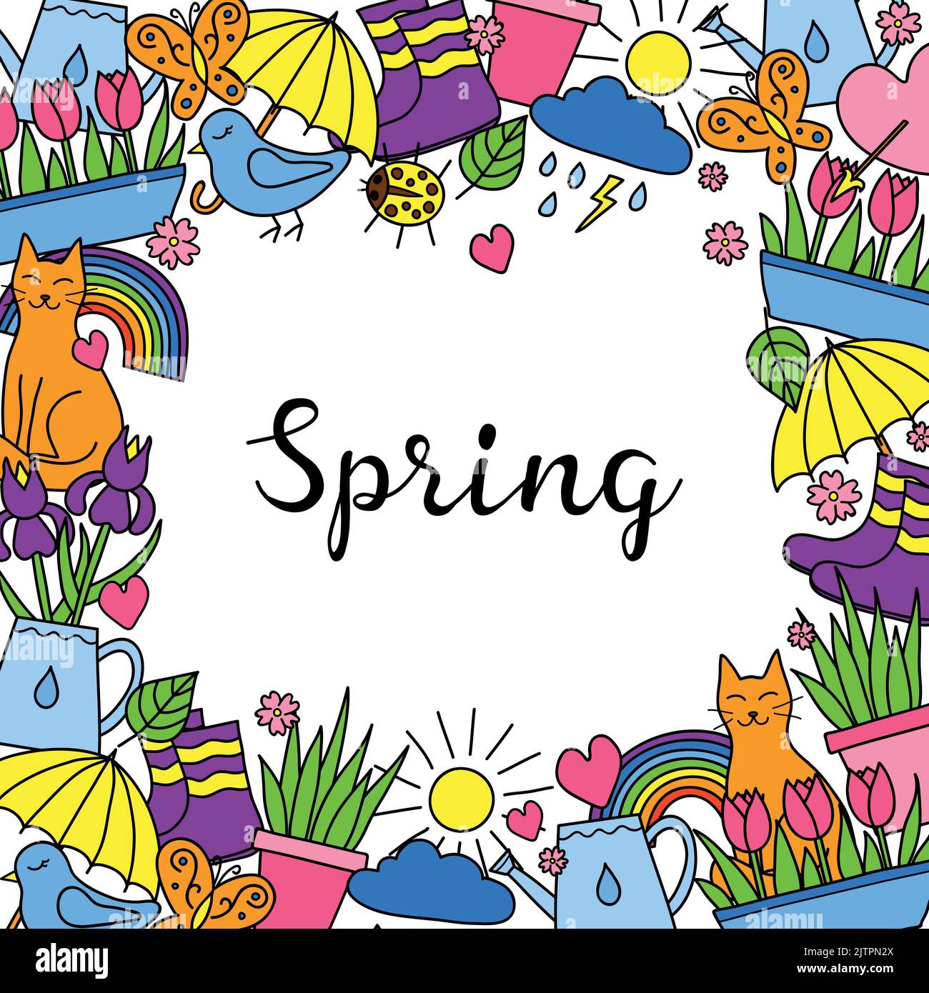 Square background with different colorful doodle spring items and ...