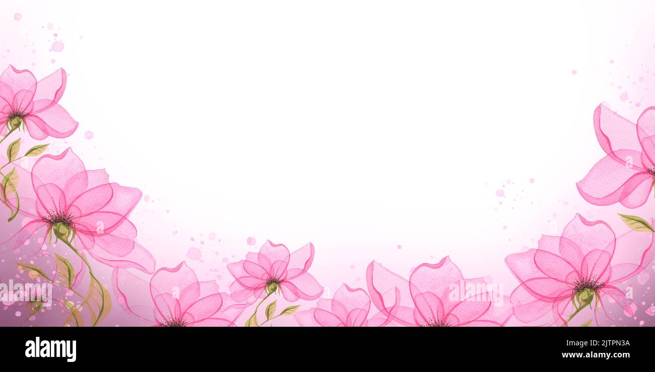 Horizontal frame with pink abstract flowers, splashes of paint ...