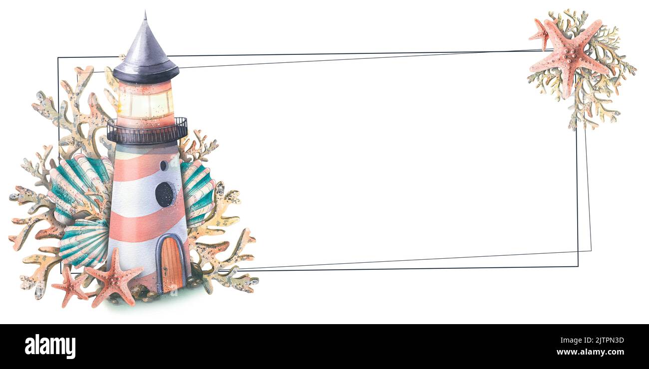 Horizontal board with a marine lighthouse, corals, shells and starfish ...