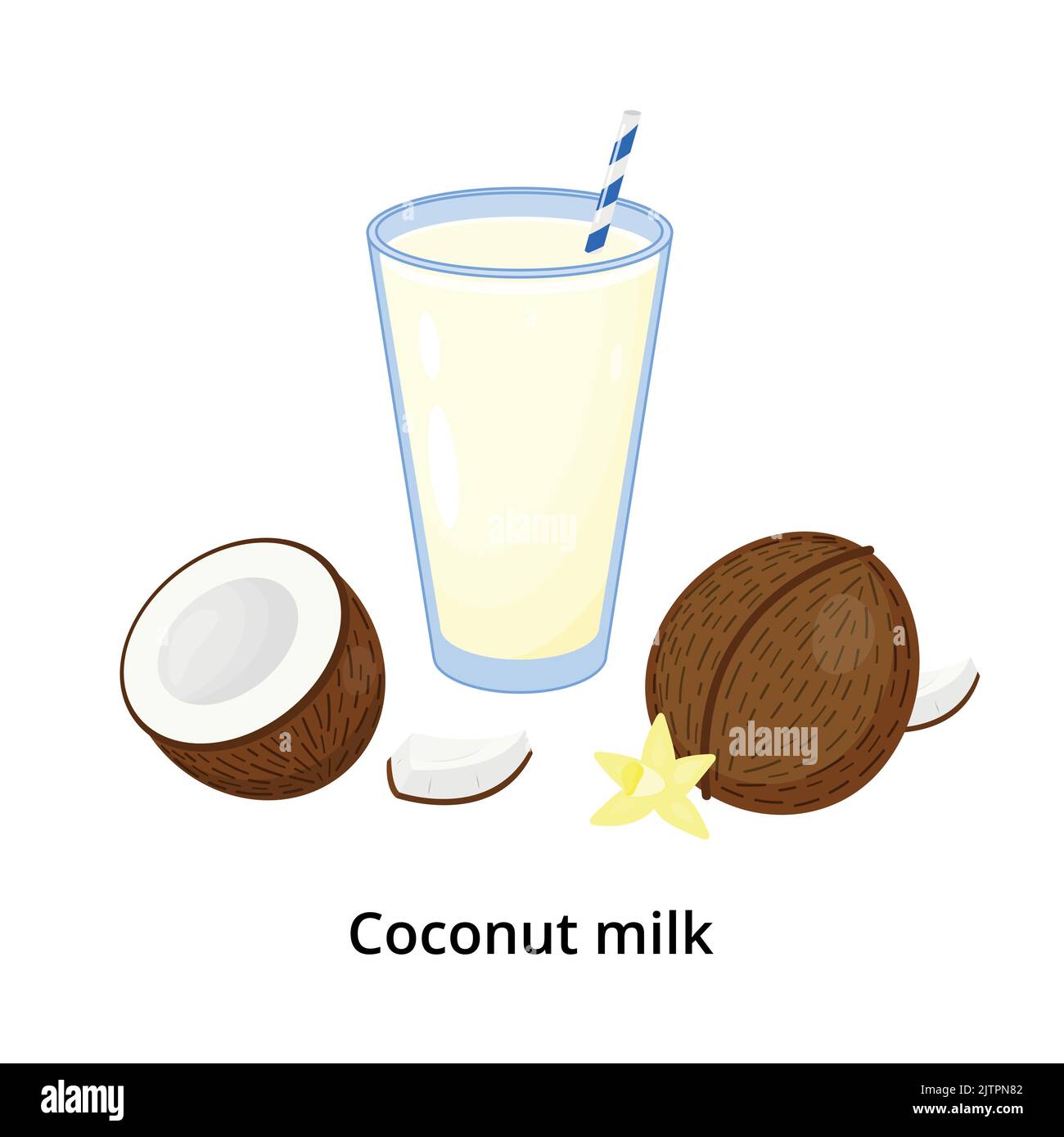 Cartoon coconut milk in glass with ripe cocos isolated on white ...