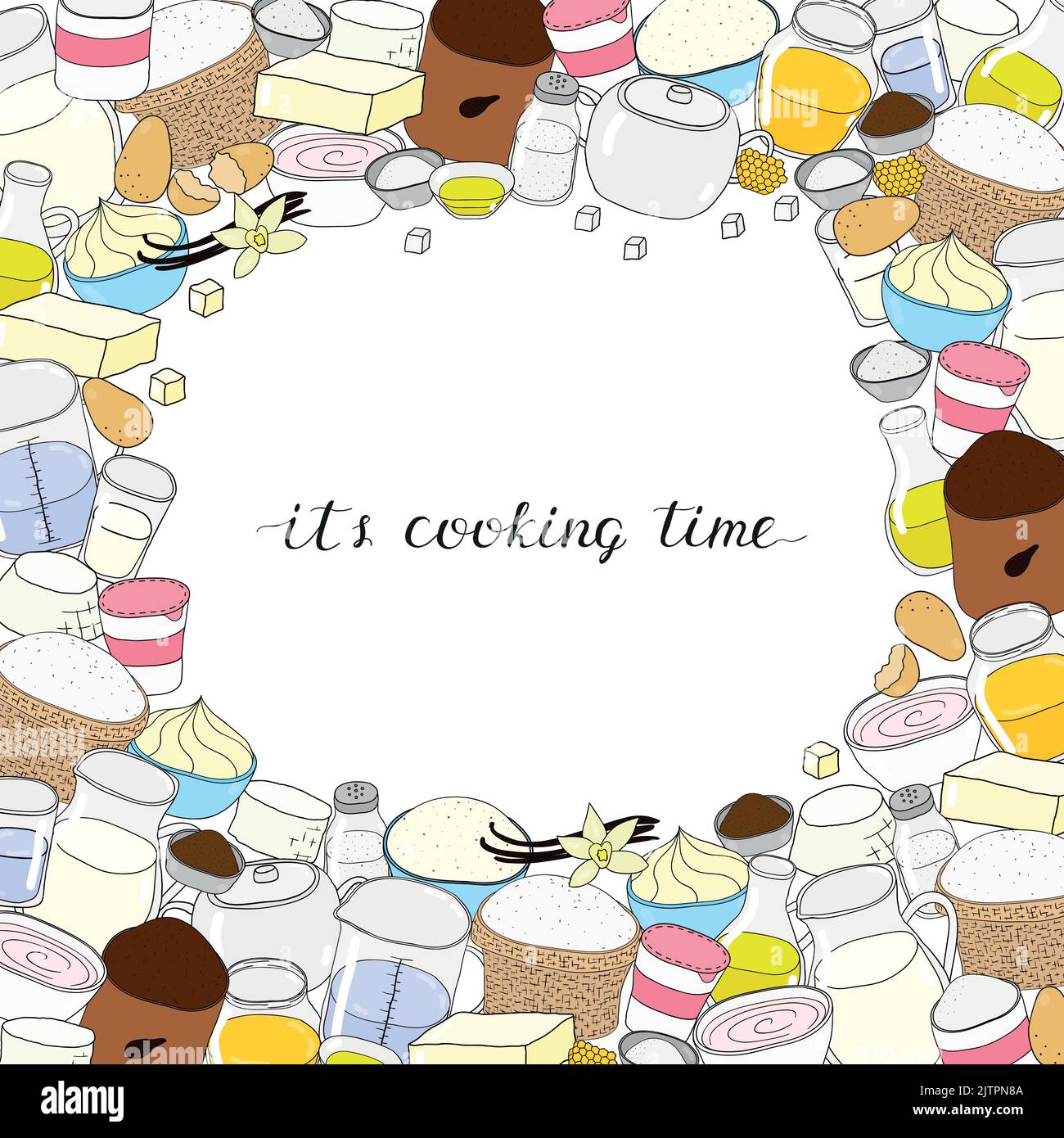 Square background with different colorful doodle cooking, baking ...