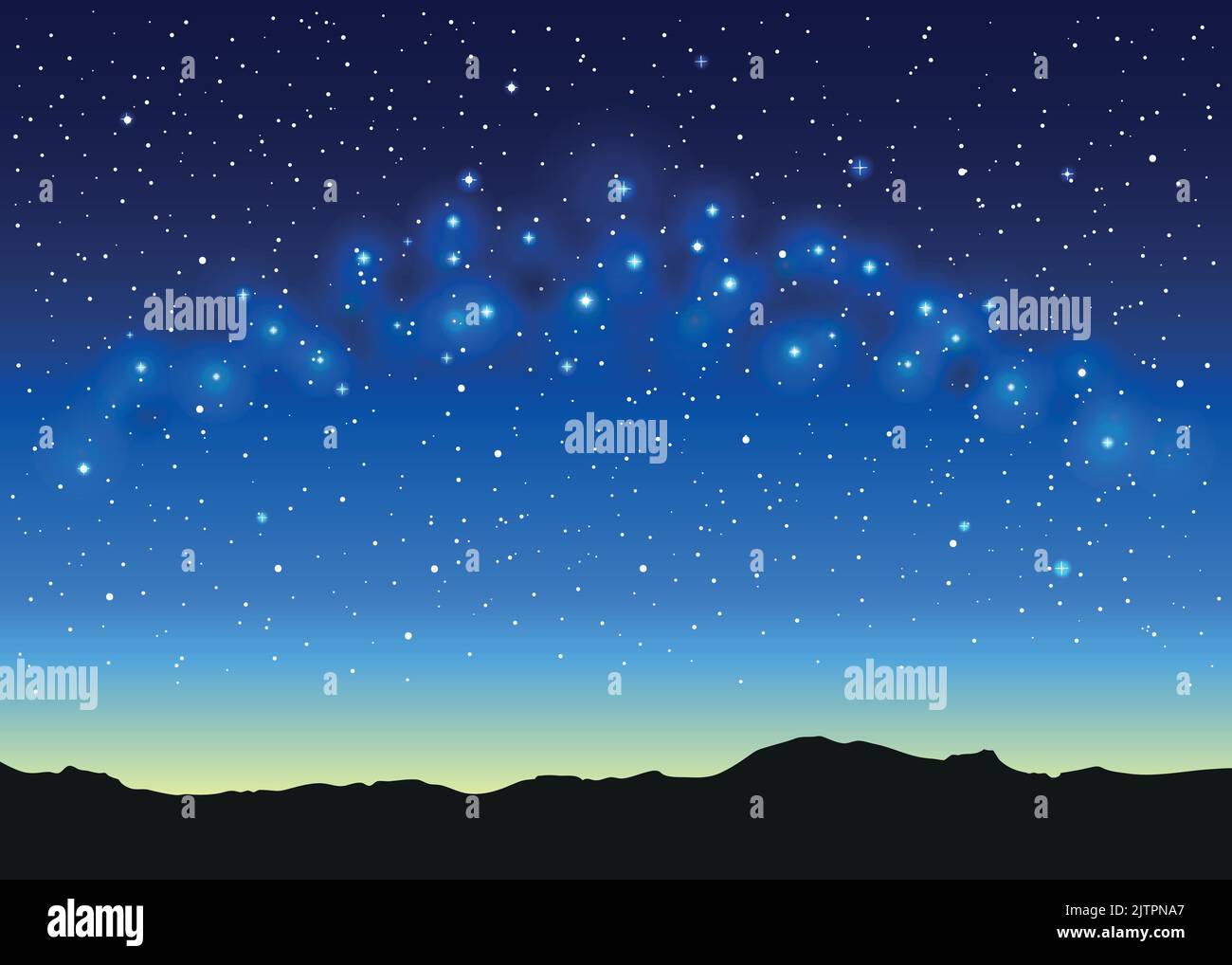 Blue space landscape with milky way, mountains silhouette, and stars ...