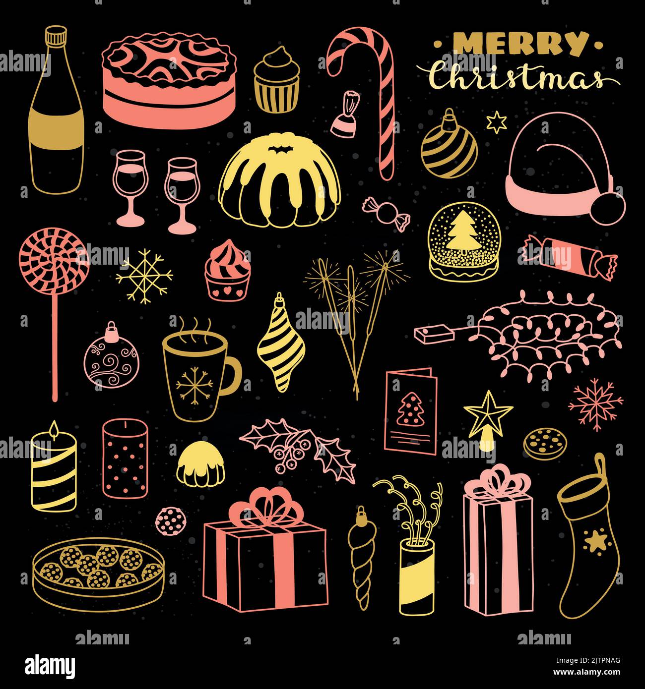 Big collection of Christmas and New Year holiday hand drawn items in ...
