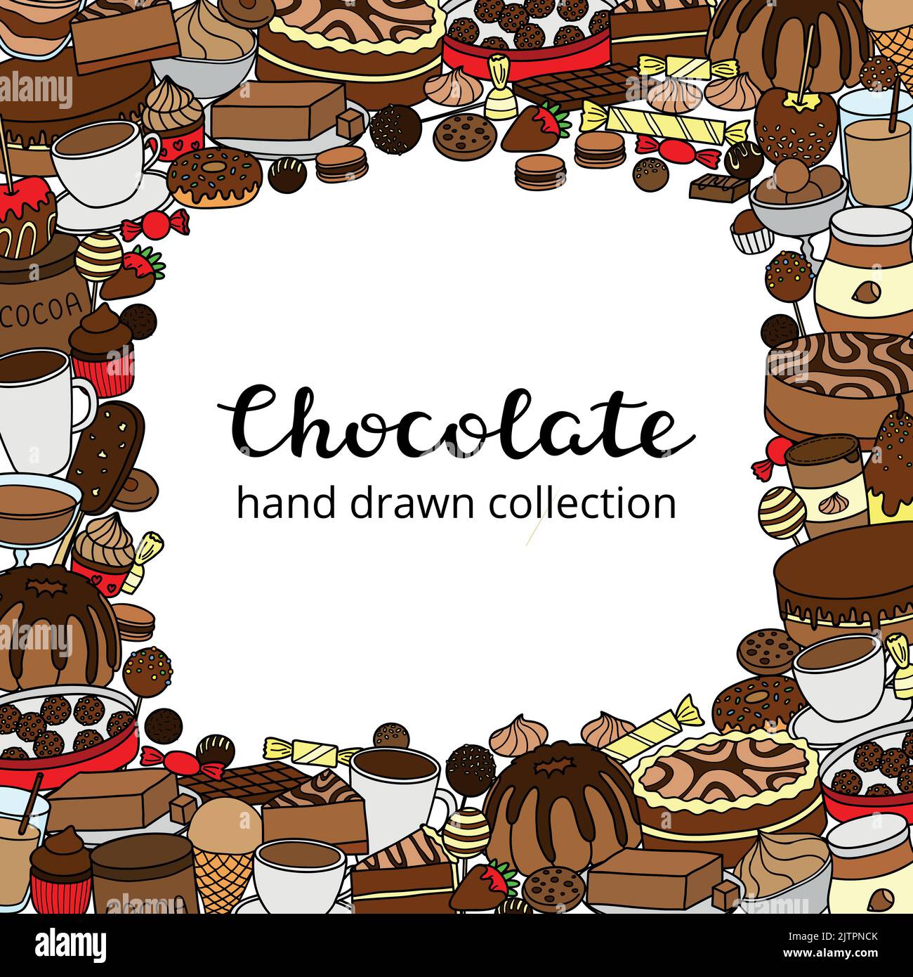 Square background with different colored hand darwn chocolate sweets ...