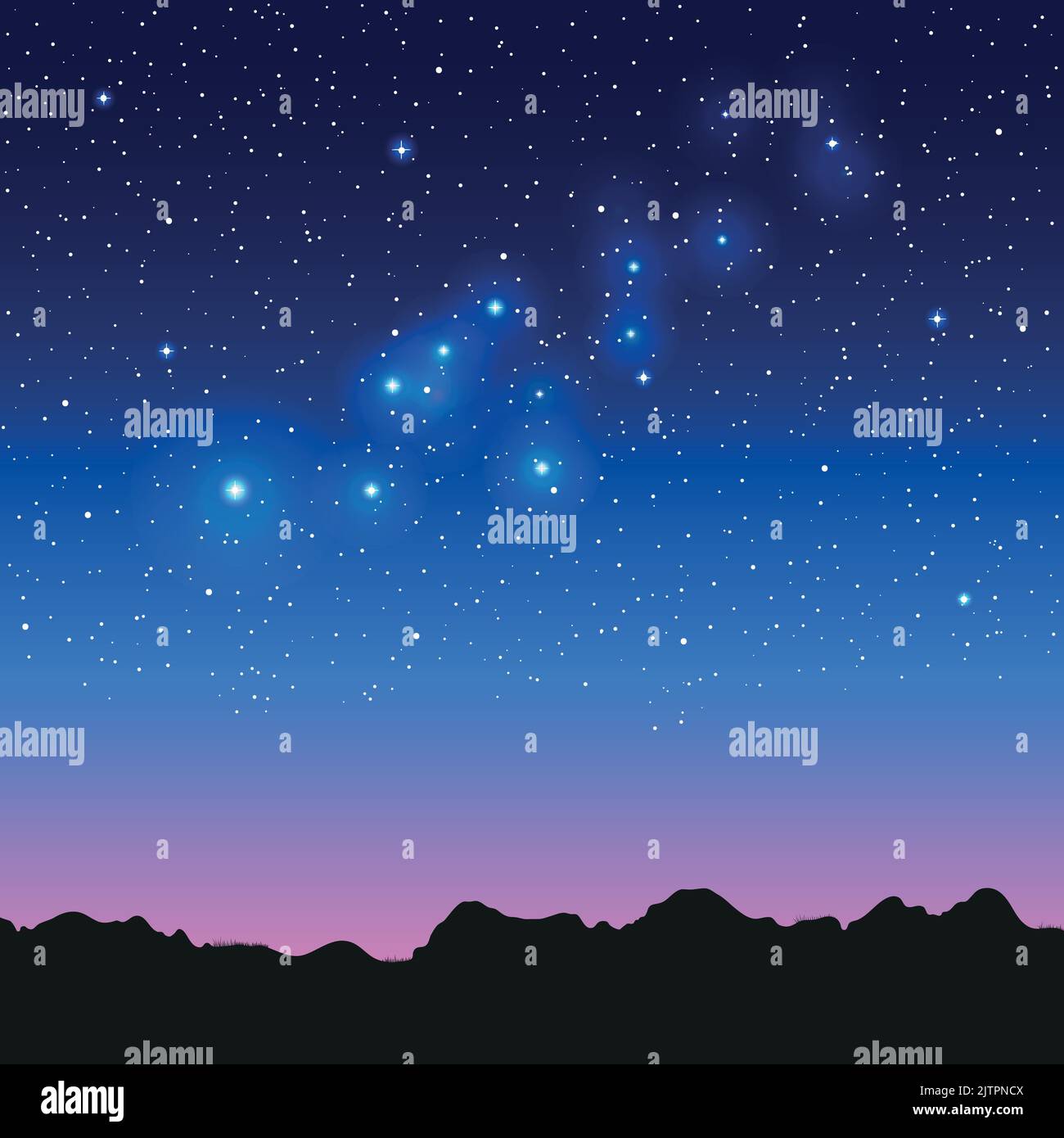 Blue space landscape with milky way, mountains silhouette, and stars ...