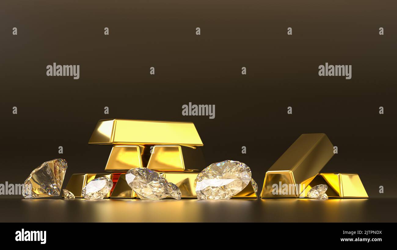 pile of shiny gold bars and luxury diamonds - 3d render of precious ...