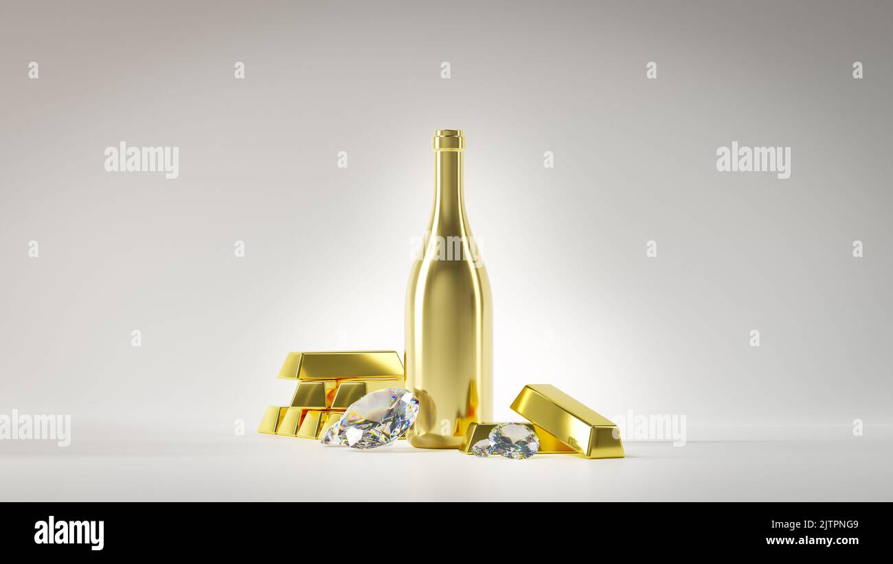 gold champagne bottle with pile of gold bars and diamonds - luxury 3d ...