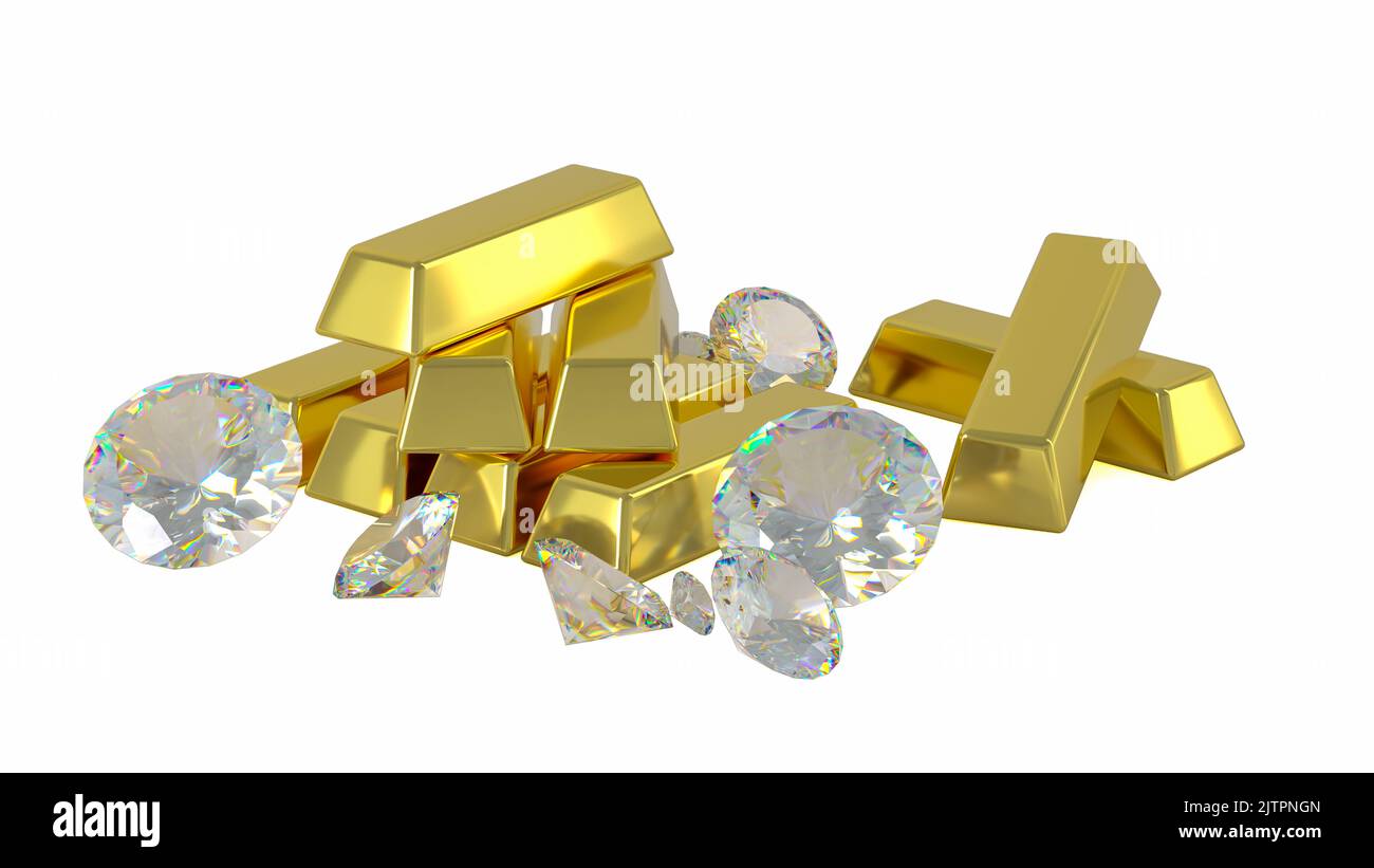 pile of shiny gold bars and luxury diamonds - 3d render of precious ...