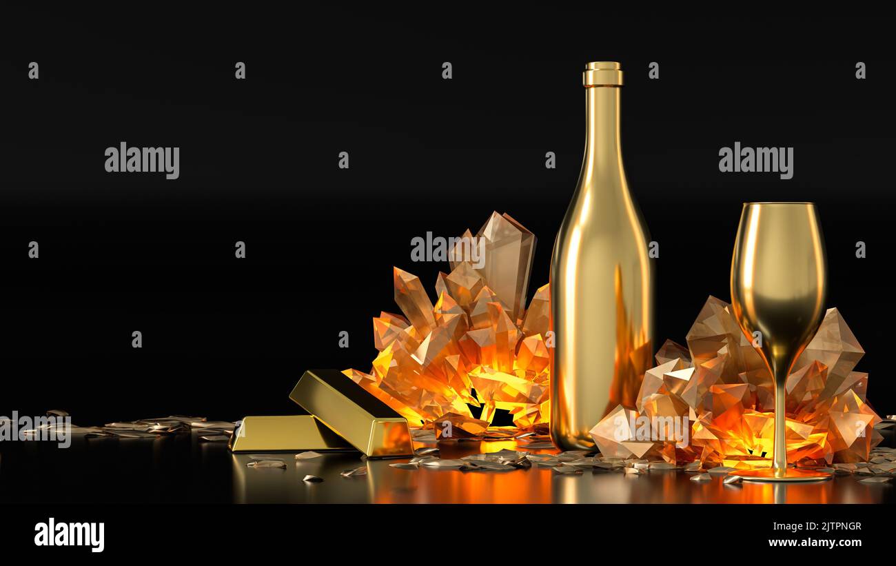 gold champagne bottle with pile of gold bars and crystals - luxury 3d ...