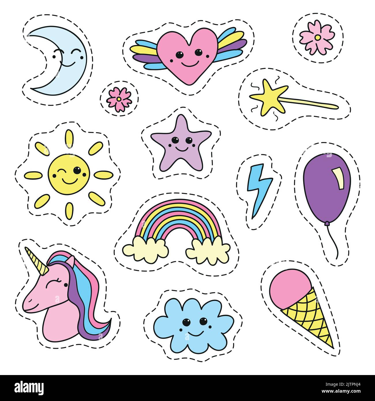 Cute collection of doodle colorful girly magic pop art patches isolated ...