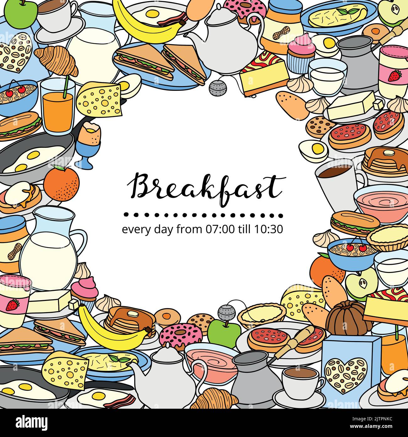 Square background with different colored doodle breakfast items and ...
