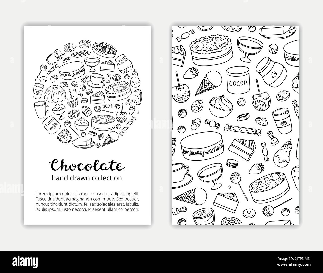 Card templates with doodle outline chocolate and cocoa desserts, sweets ...