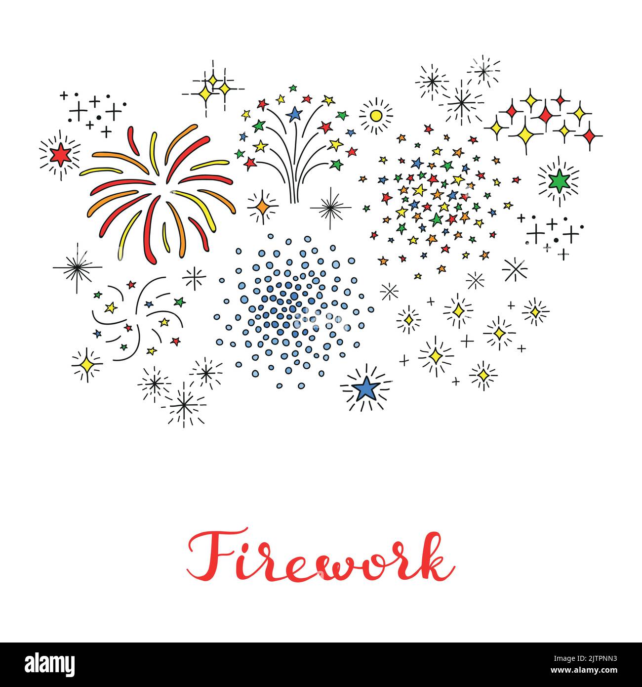Composition of doodle colorful fireworks with lettering isolated on ...