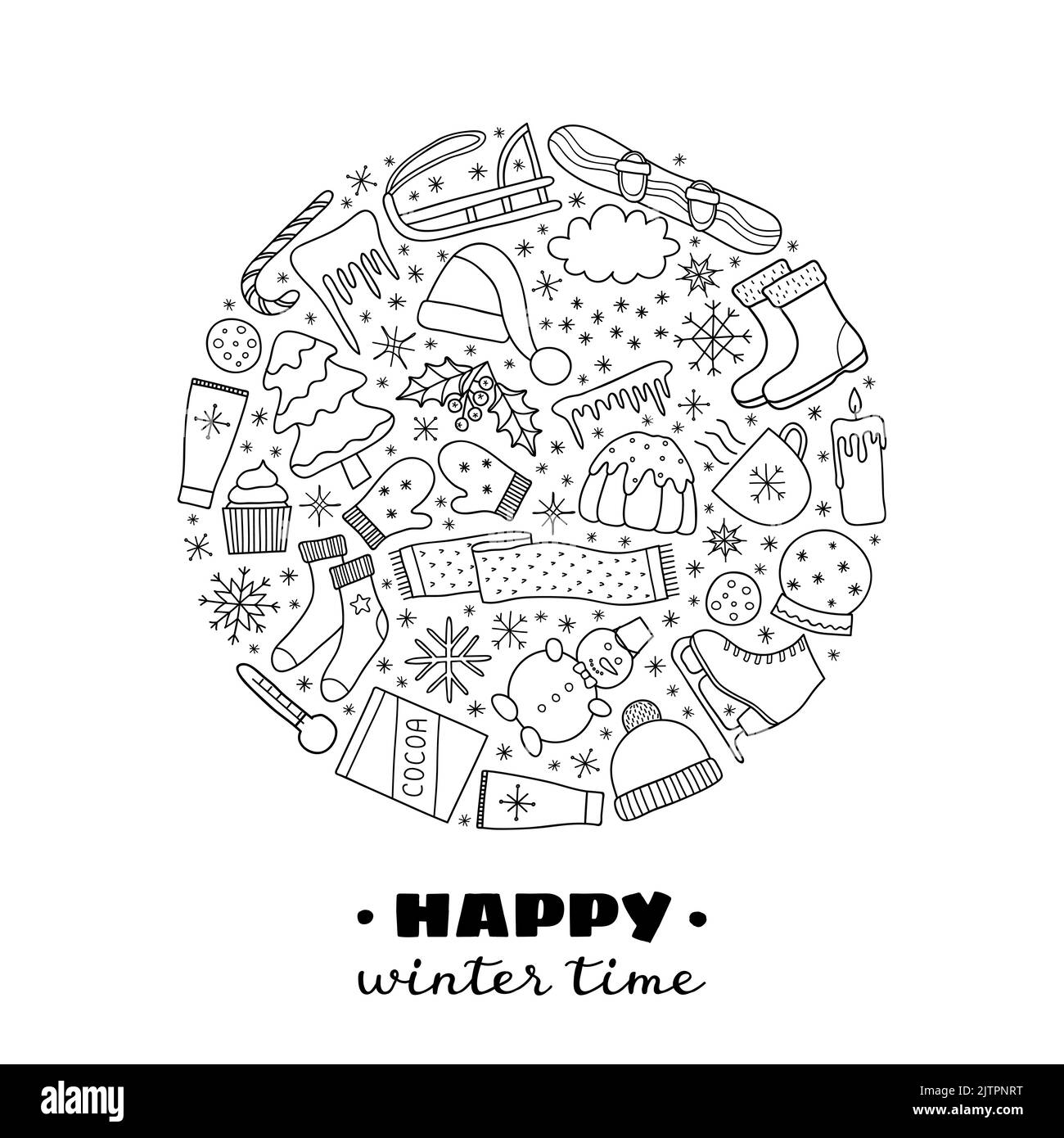 Hand drawn outline winter items composed in circle shape Stock Vector ...